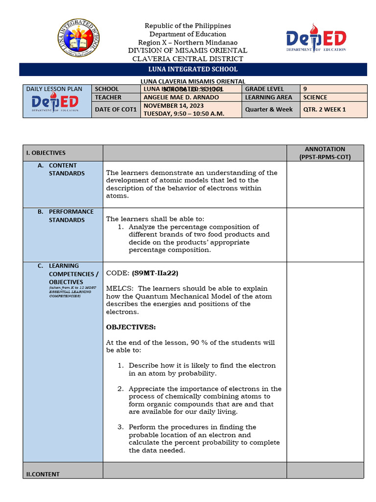 Cot1 - LP - Annotated Nov. 14, 2023 Final | PDF | Learning | Educational Assessment