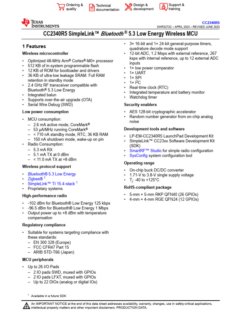 cc2340r5 Simplelink Bluetooth 5.3 LE Witeless MCU | PDF ...
