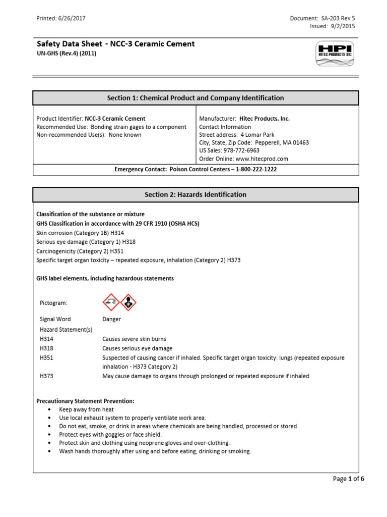 Sa 203 Rev 5 NCC 3 Cement Sds | PDF | Chemistry | Workplace