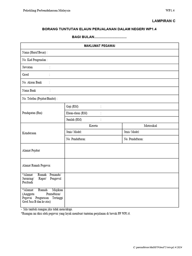 Borang Tuntutan Perjalanan Tahun 2024 Baru-Wp 1.4 01012024 (Kbd3079) | PDF