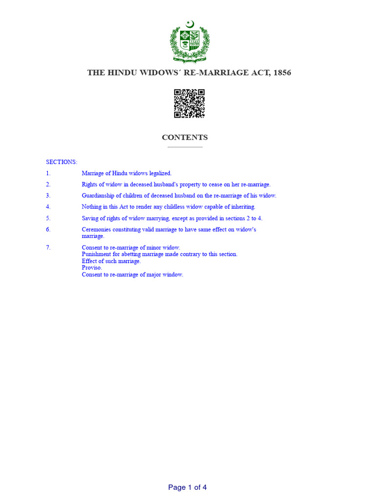 Hindu Widows Remarriage Act | PDF | Marriage | Will And Testament