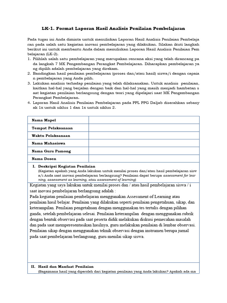 LK-1. Format Laporan Hasil Analisis Penilaian Pembelajaran | PDF