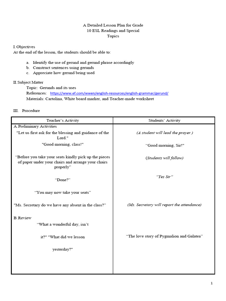 A Detailed Lesson Plan For Grade 10 | PDF | Verb | Part Of Speech