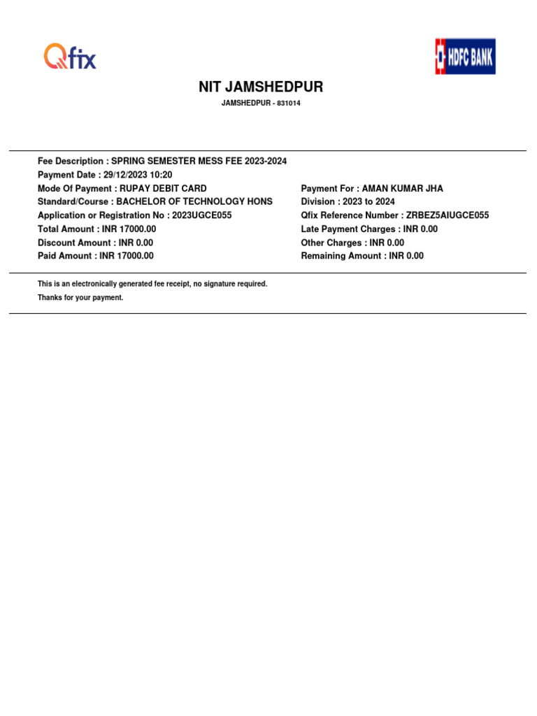 Qfix Payment Receipt Spring Semester Mess Fee 2023 2024 | PDF