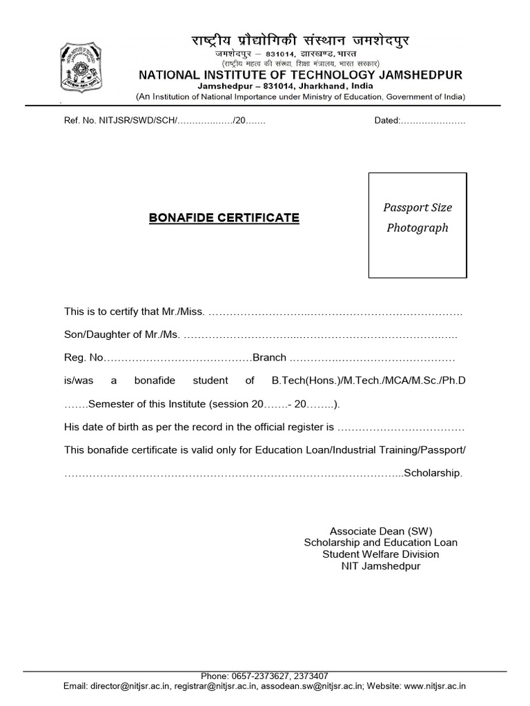 NIT JSR Bonafide Certificate Without Fees | PDF