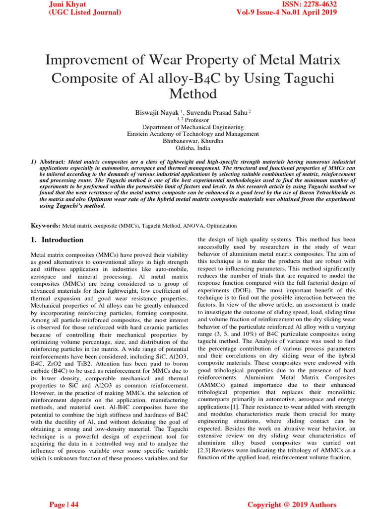 Improvement of Wear Property of Metal Matrix Composite of Al Alloy-B C ...
