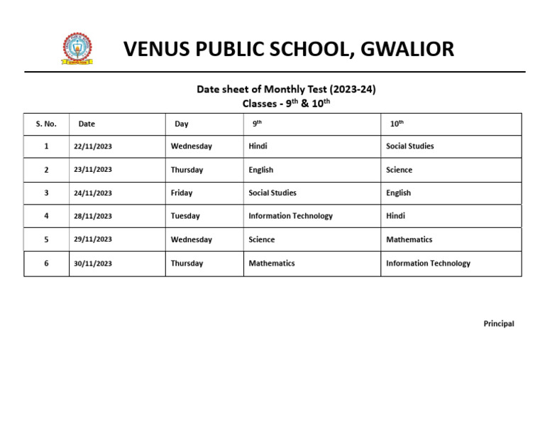 Monthly Test Date Sheet for 9th & 10th | PDF