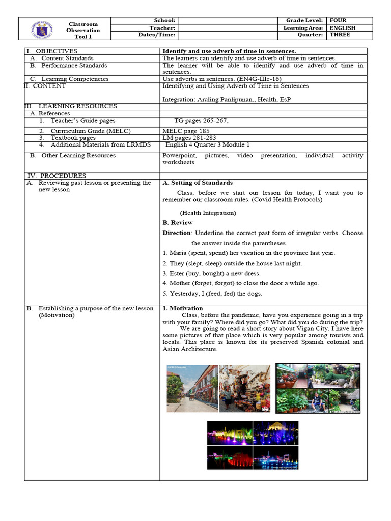 ENGLISH-4-COT 2-Adverb of Time | PDF | Adverb | Learning