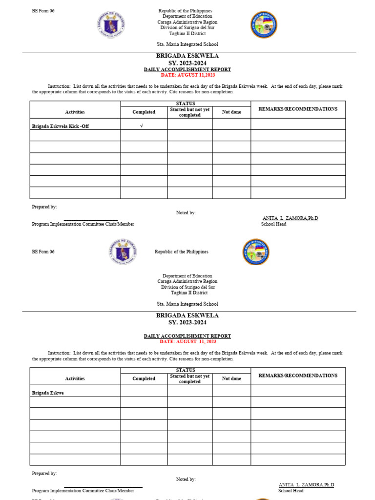 BE-Form-6-DAILY-ACCOMPLISHMENT-REPORT | PDF | Philippines