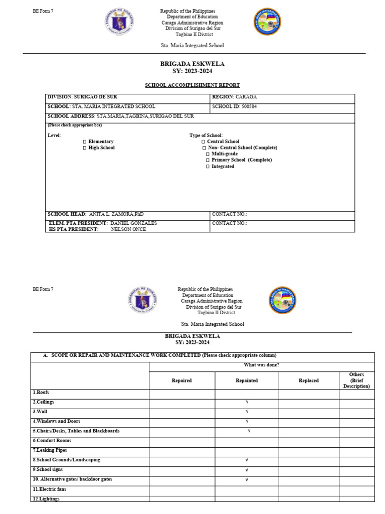 BE Form 7 SCHOOL ACCOMPLISHMENT REPORT | PDF