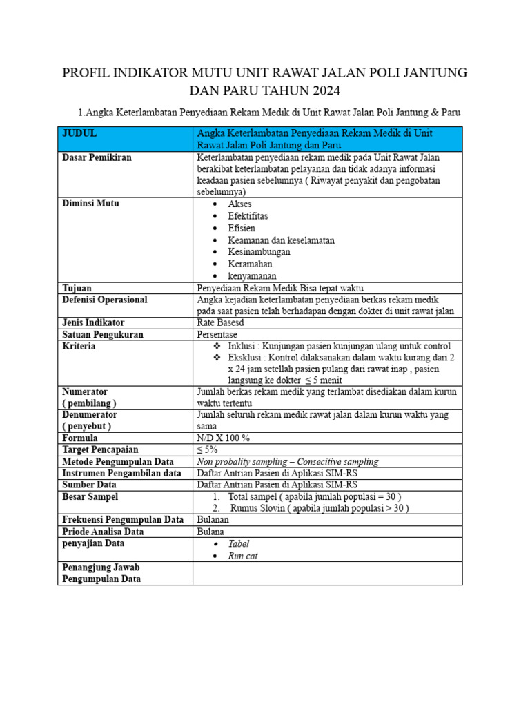 Profil Indikator Mutu Unit Rawat Jalan Poli Jantung Dan Paru Tahun 2024 New | PDF