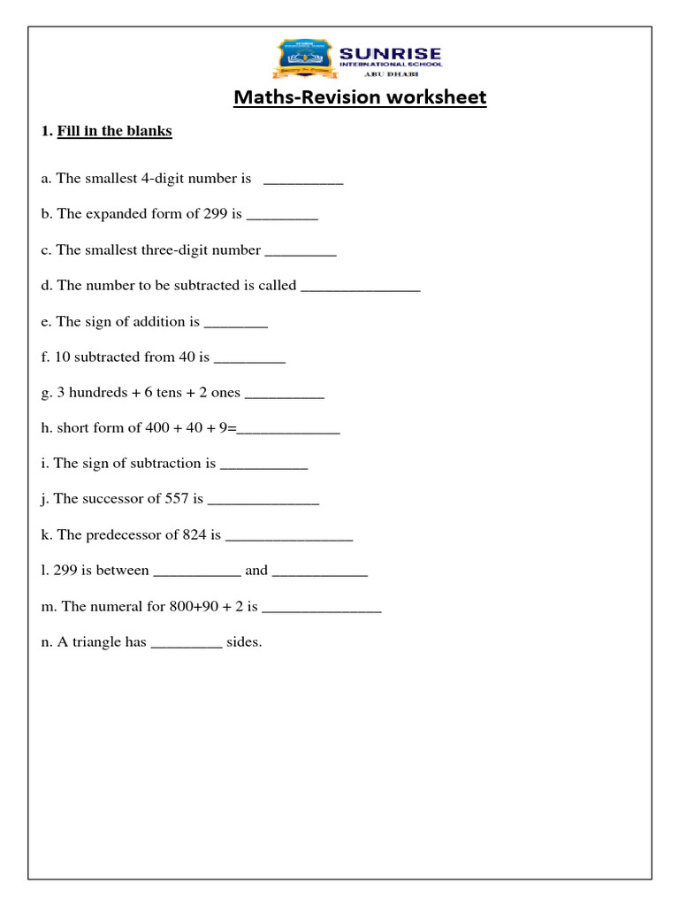 MATHS - TERM 1 REVISION WORKSHEET 1 (Revised) - 231003 - 142457 | PDF