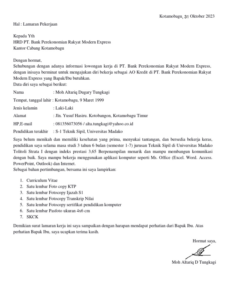 Lamaran Kerja BPR Modex | PDF