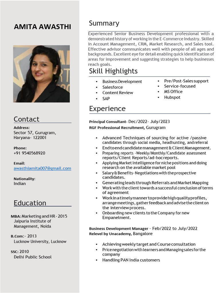 Amita Awasthi CV | PDF | Sales | Marketing Amita Awasthi CV | PDF | Sales | Marketing