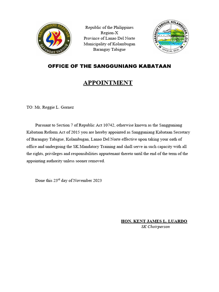 Appointment Letter SK Secretary | PDF