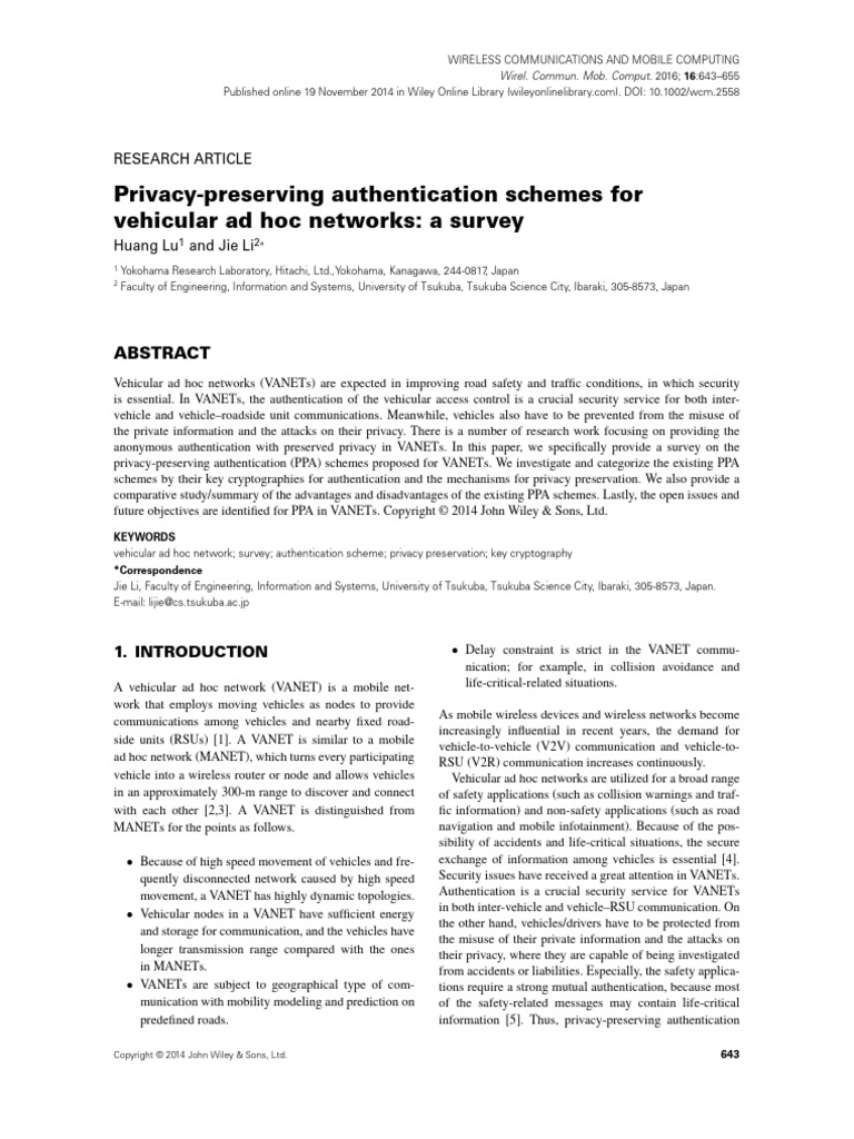 Privacy-Preserving Authentication Schemes-Survey | PDF | Wireless Ad Hoc Network | Cryptography