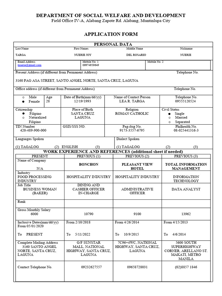 01 DSWD Application Form 1 1 | PDF | Tagalog Language | Government