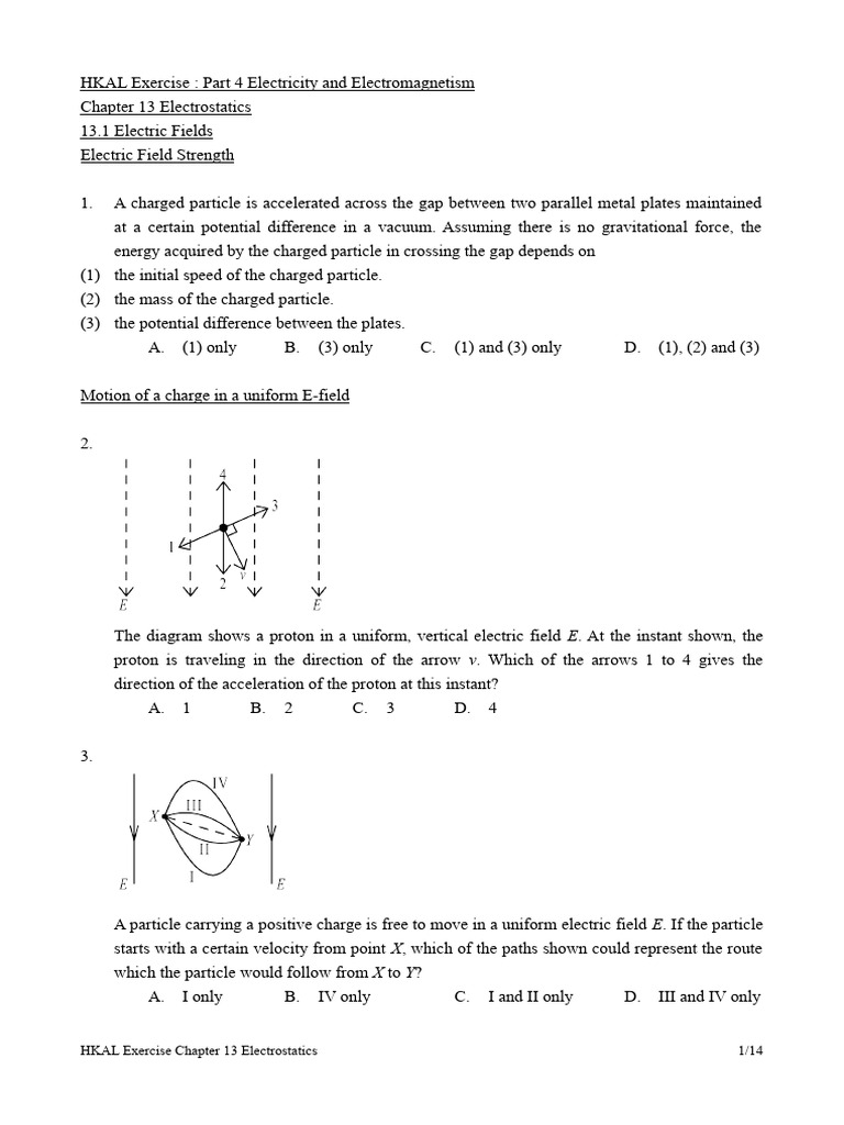 13 Electrostatics Exercise | PDF | Electric Field | Electric Charge