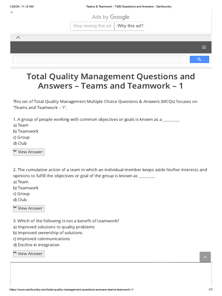 Teams & Teamwork - TQM Questions and Answers - Sanfoundry | PDF | Quality Management | Linked In