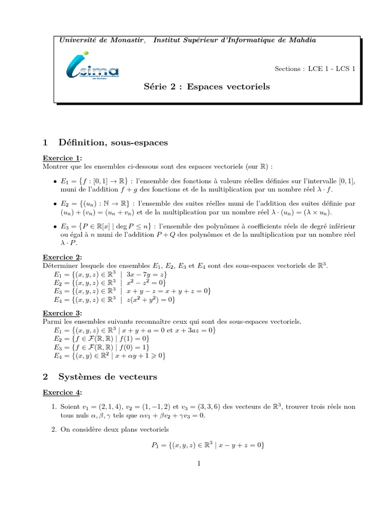 Espaces vectoriels et sous-espaces : exercices | PDF | Espace vectoriel ...