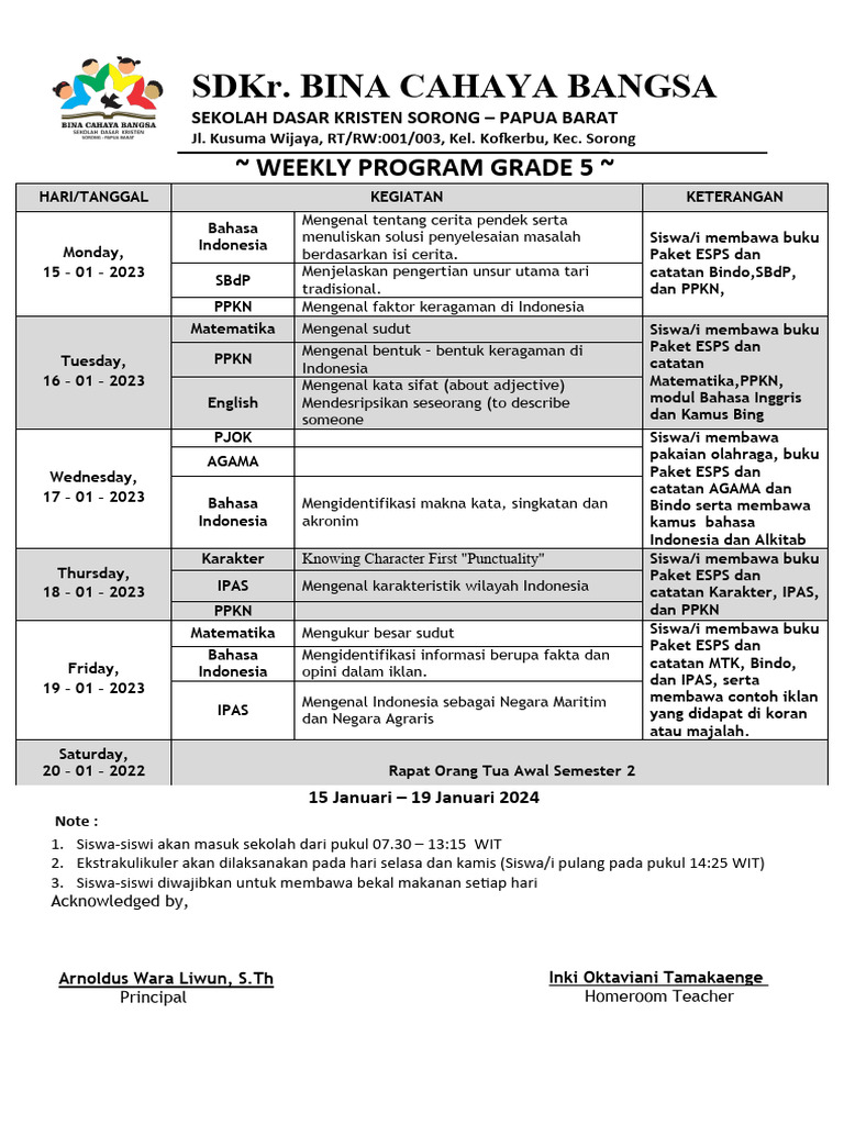 Weekly Program Grade 5 (13 Jan - 17 Jan) | PDF
