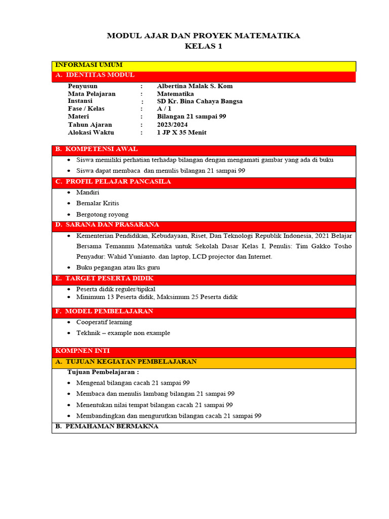 Modul Ajar Kelas 1 MTK Bab 4 | PDF