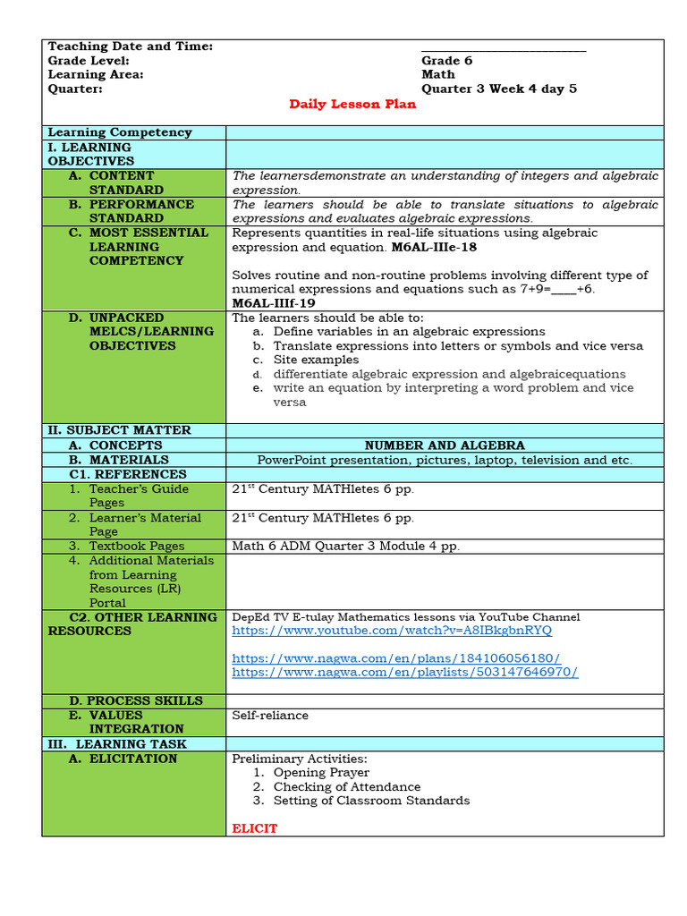 Math-6-DLP-Quarter-3-Week-4 Day 5 | PDF | Mathematics | Variable (Mathematics)