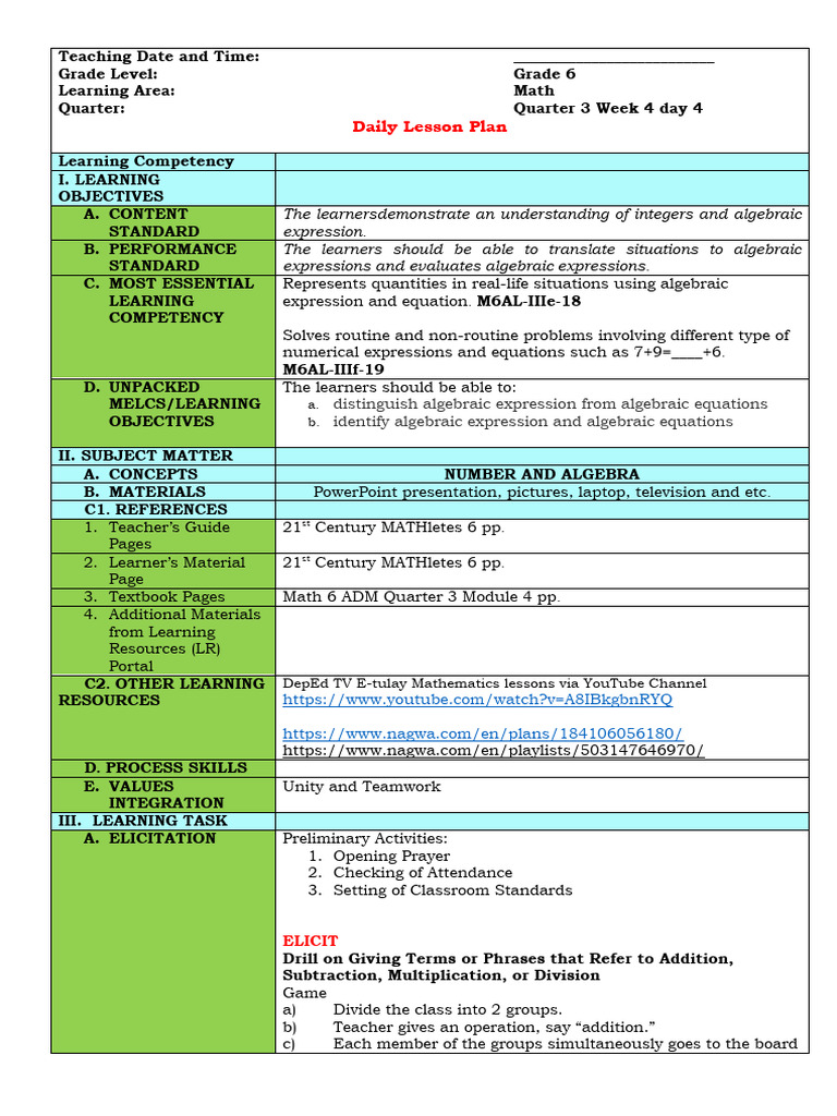 Math-6-DLP-Quarter-3-Week-4 Day 4 | PDF | Learning | Mathematics