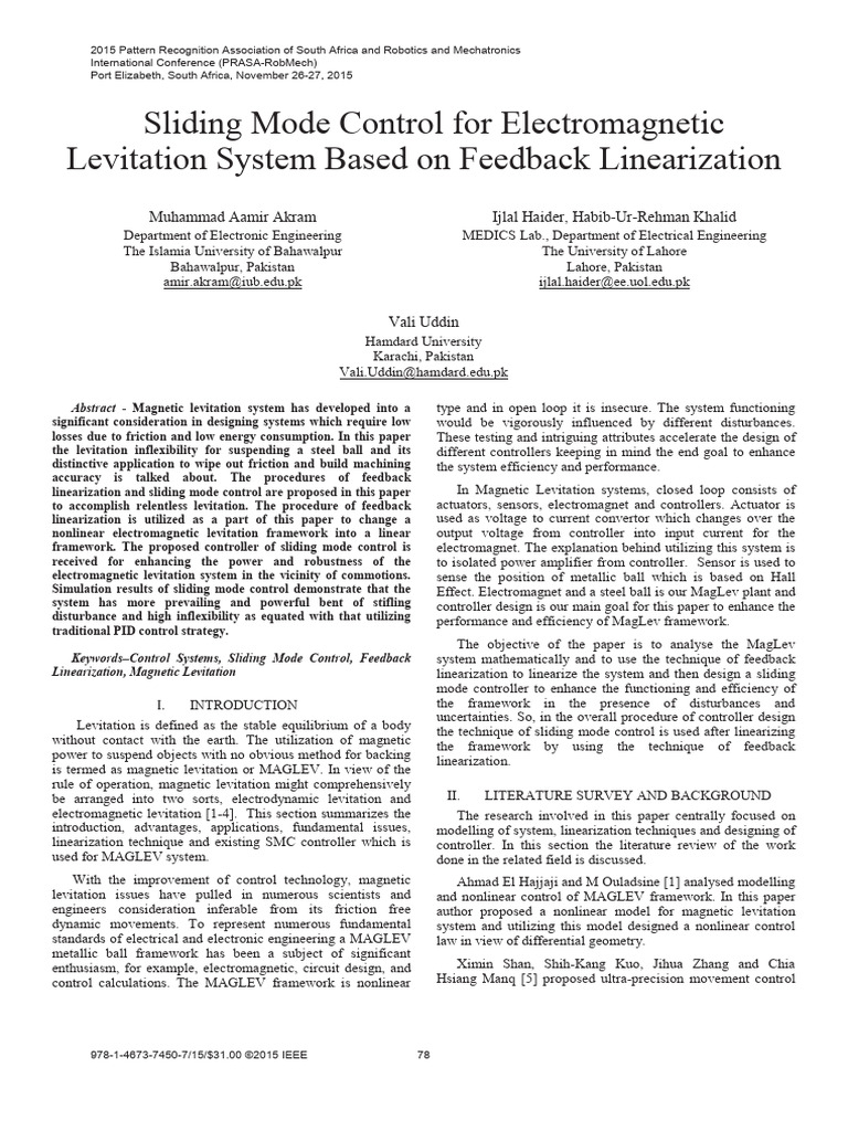 Sliding Mode Control For Electromagnetic Levitation System Based On Feedback Linearization | PDF ...