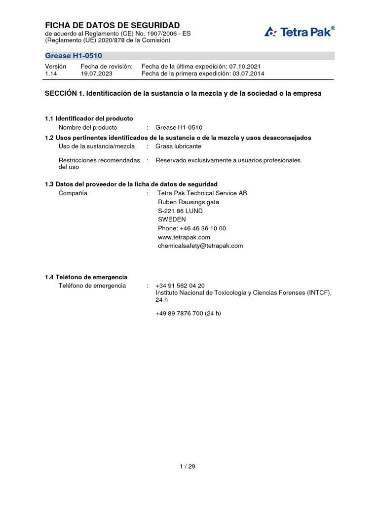 Ficha de Seguridad Grease H1-0510 | PDF