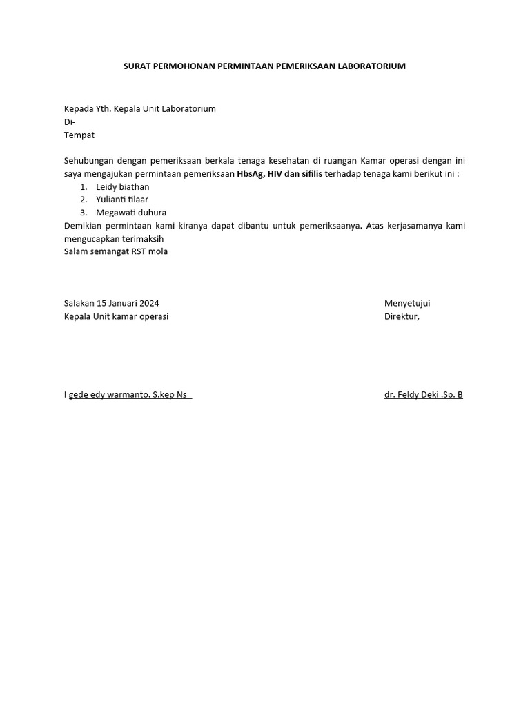 Surat Permohonan Permintaan Pemeriksaan Laboratorium | PDF