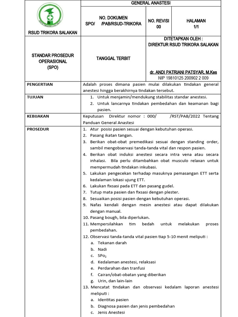 Prosedur General Anestesi RSUD Trikora | PDF