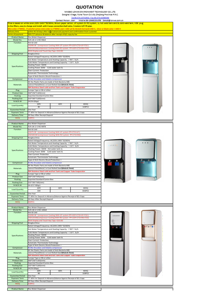 Quotation Sheet For Pou UF-RO Water Dispenser 11.3. | PDF