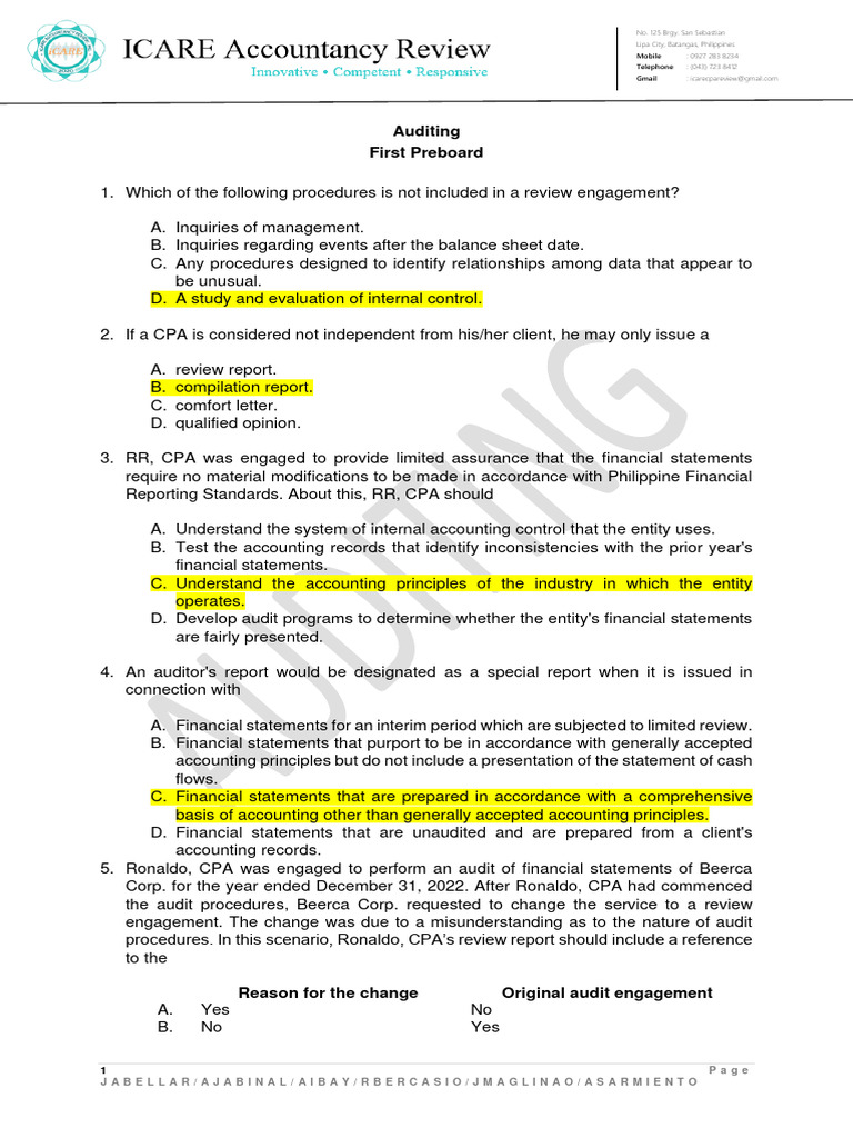 ICARE First Preboard Examination Auditing | PDF