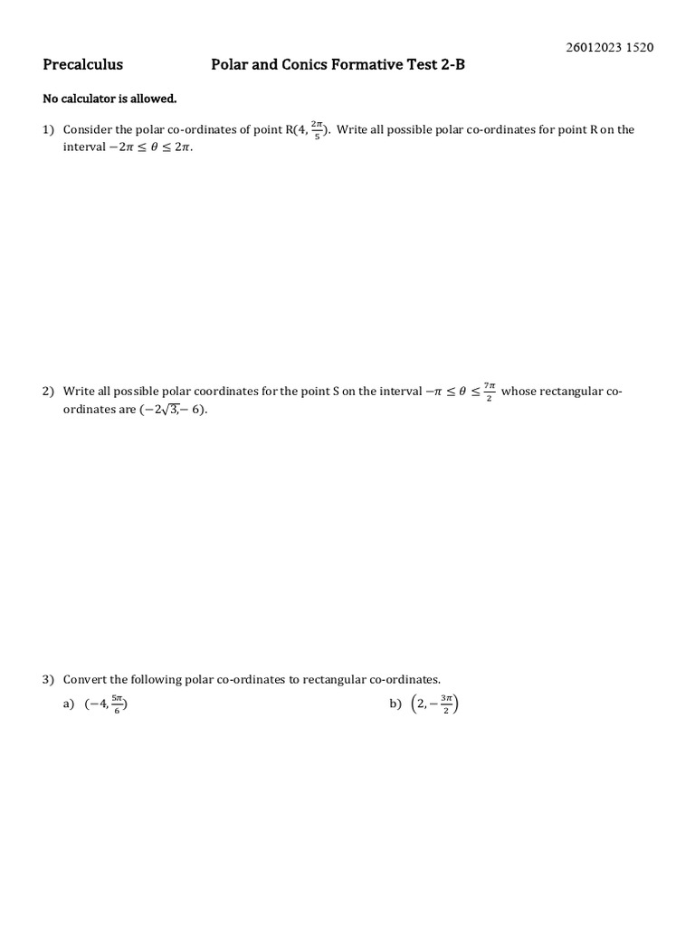 Precalculus Polar and Conic Formative Test 2B 30012023 1245 | PDF ...