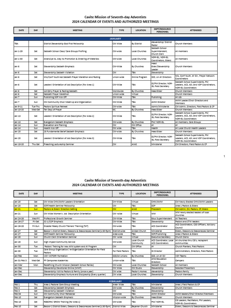 2024 CALENDAR OF ACTIVITIES For Pastors Churches | PDF