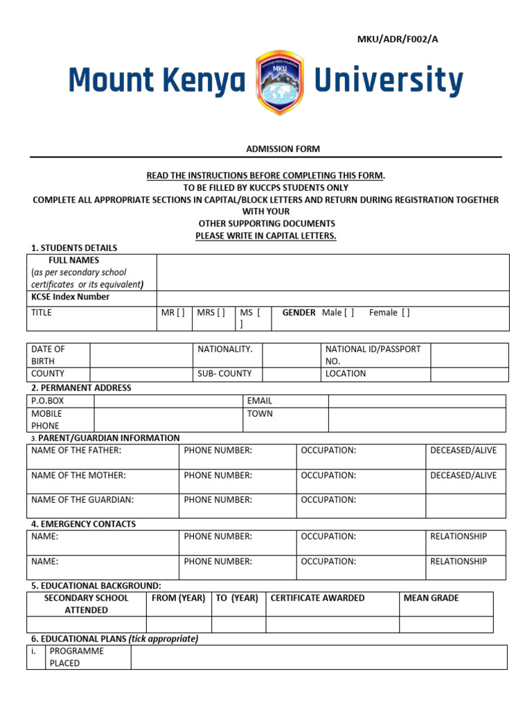 Kuccps Admission Form | PDF