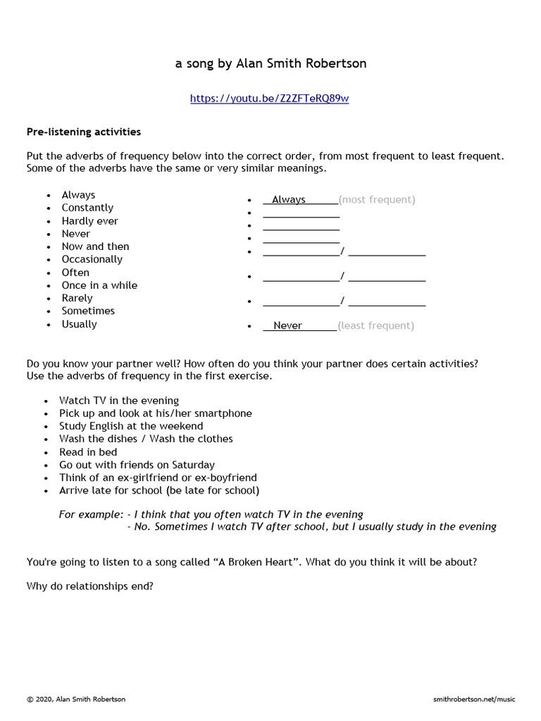 Frequency Adverbs Song Activities With Answer Sheet. | PDF