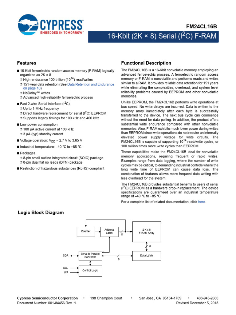 001-84456 FM24CL16B 16 Kbit 2K X 8 Serial I2c F-Ram | PDF
