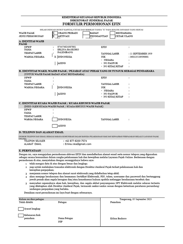 Form Permohonan EFIN BARU | PDF