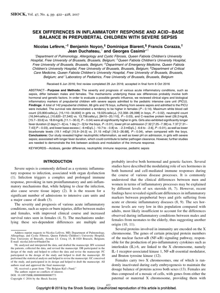 Sex Differencs in Inflammatory Response and Acid Base Balance in ...