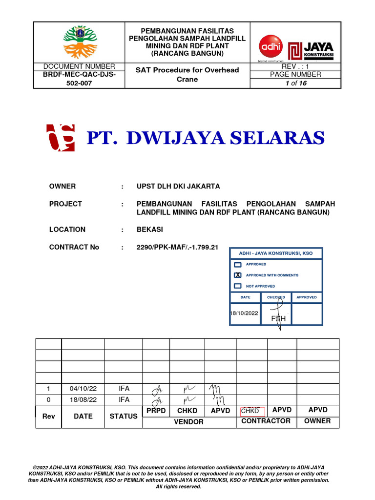 BRDF MEC QAC DJS 502 007 - 1 - SAT Procedure For Overhead Crane | PDF | Crane (Machine) | Welding