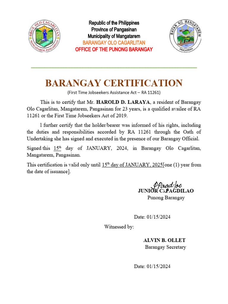First Time Jobseeker Certification | PDF