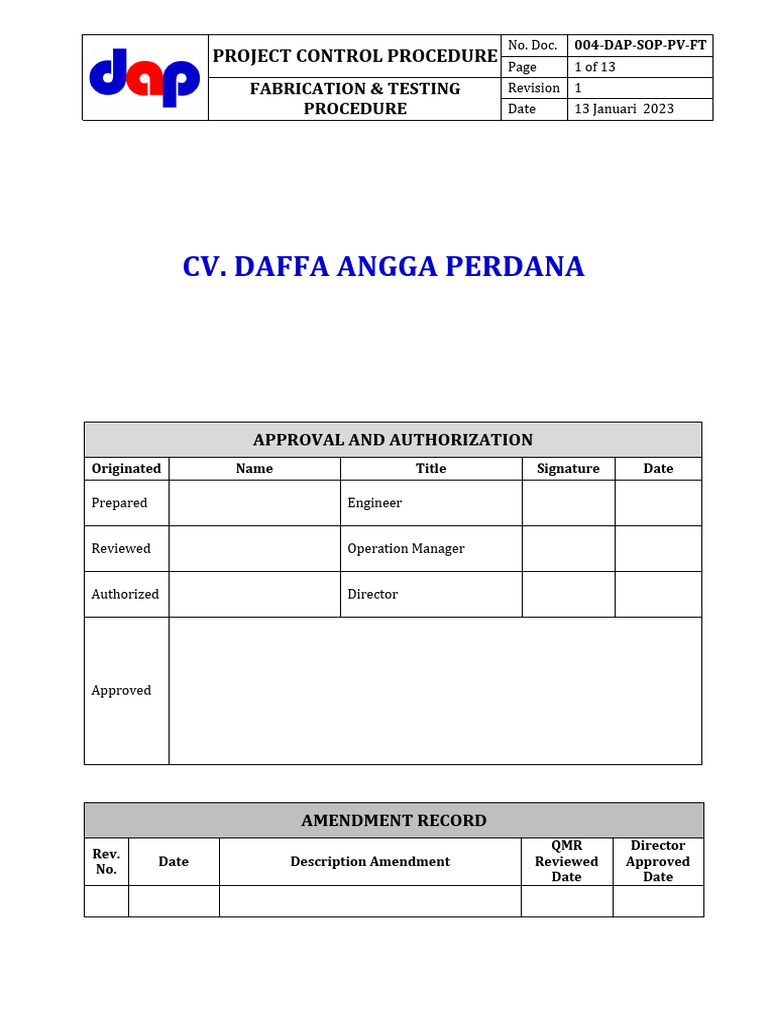 004-DAP-SOP-PV-FT Rev.0 Prosedur Fabrication & Testing Presure Vessel | PDF
