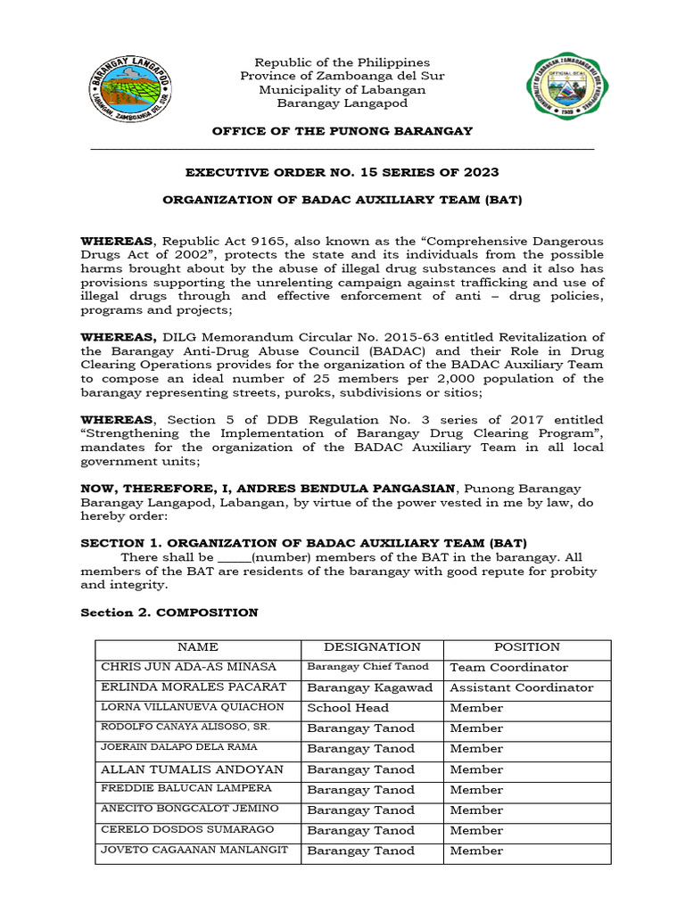BADAC Auxiliary Team Executive Order | PDF | Government | Justice