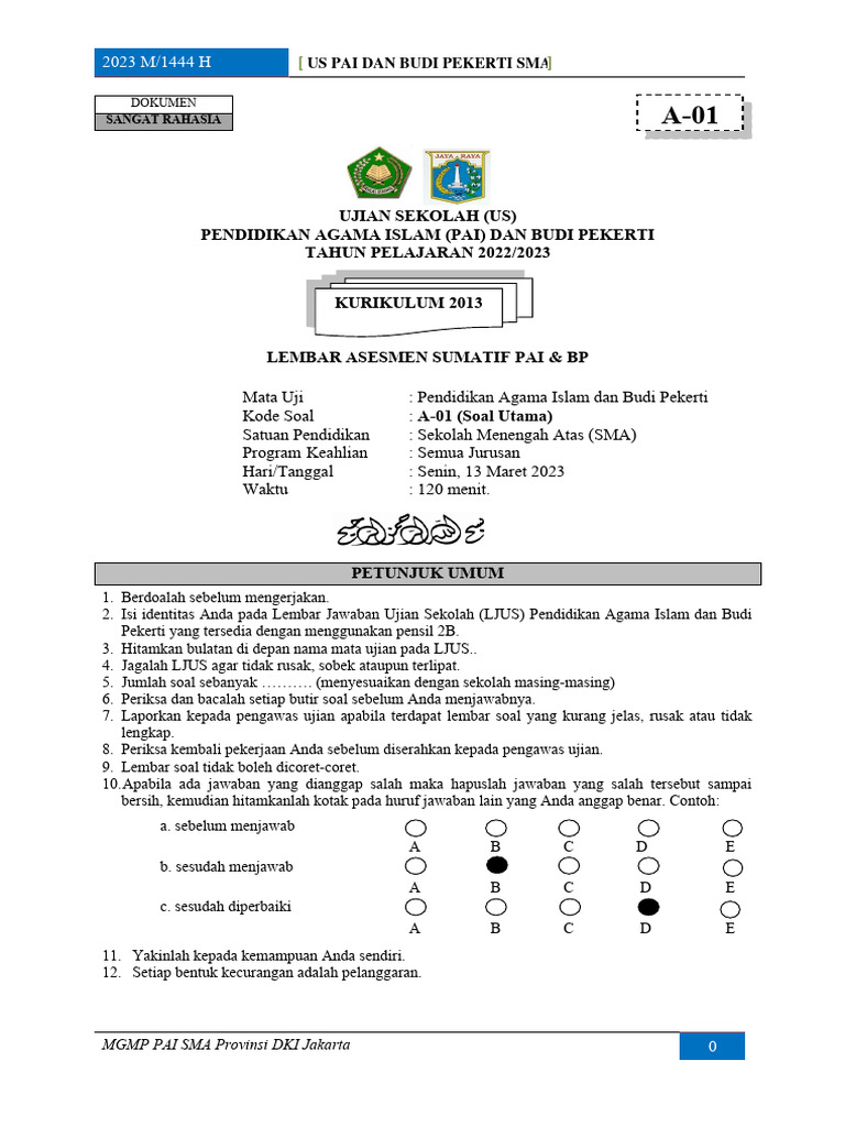 Naskah Ass (Utama) Pai Sma 2022-2023 Dki | PDF