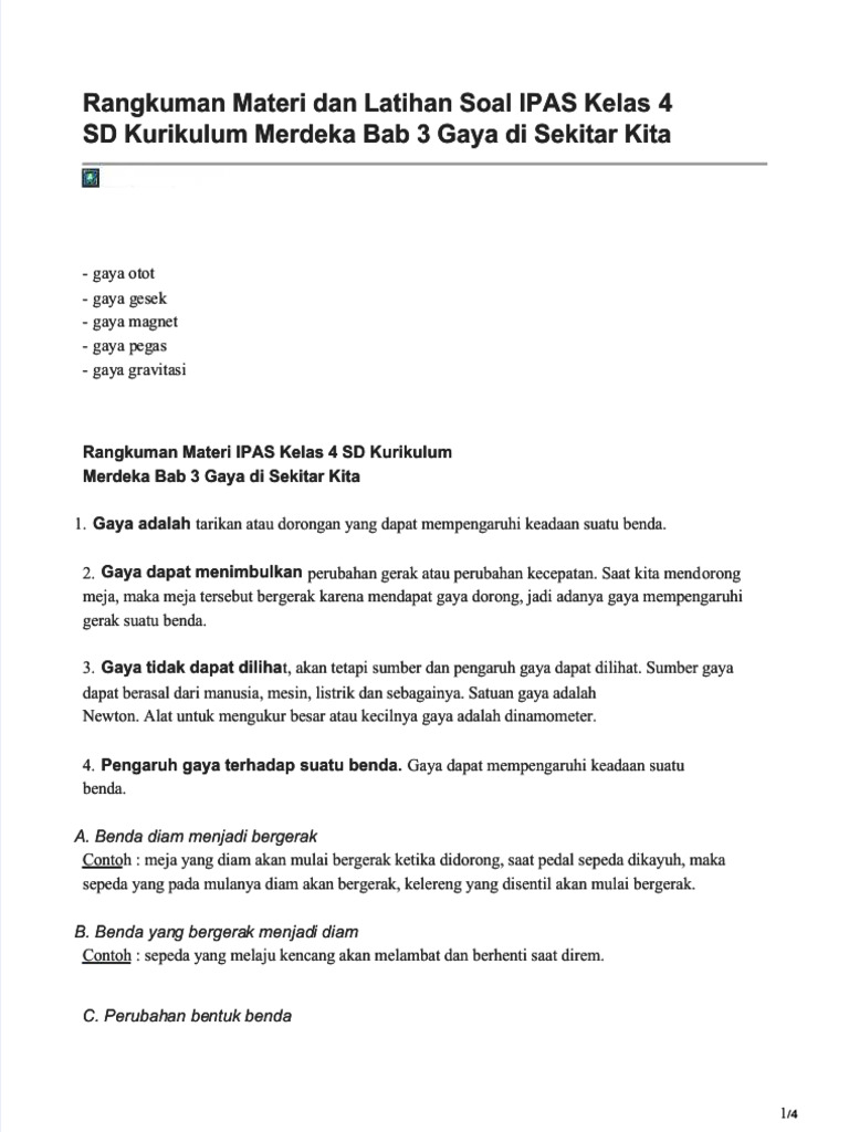 PDF Ahzaanet Rangkuman Materi Dan Latihan Soal Ipas Kelas 4 SD Kurikulum Merdeka Bab 3 Gaya Di ...