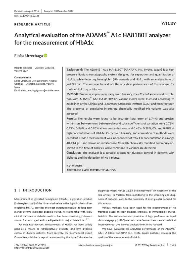 Analytical Evaluation of The ADAMS™ A1c HA8180T Analyzer For The ...