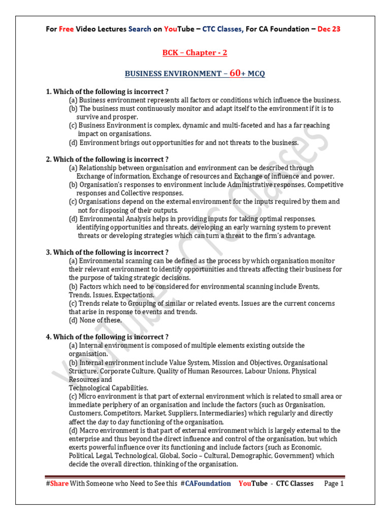 BCK - Chapter - 2 MCQ - CTC Classes | Download Free PDF | Swot Analysis | Economies