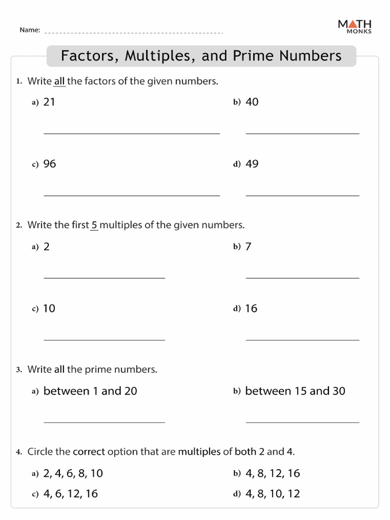 Factors Multiples and Primes Worksheet KS2 | PDF